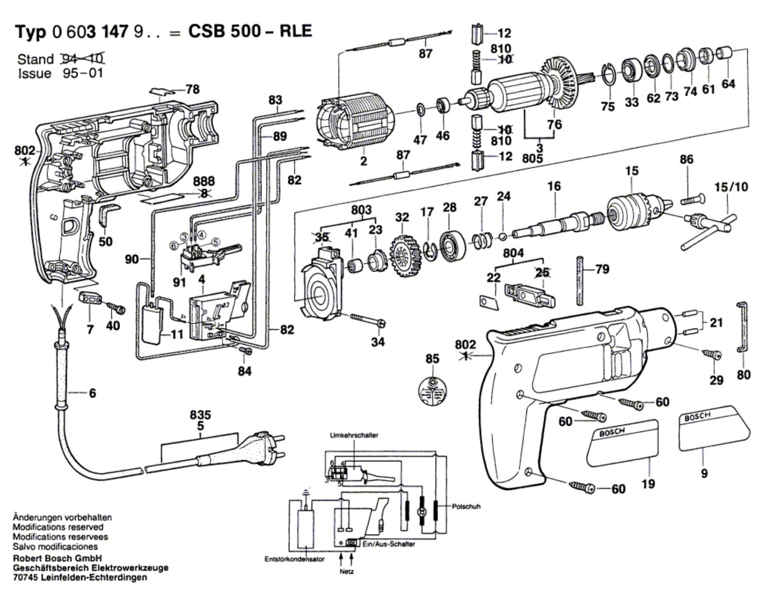 Bosch 0 603 147 903 Csb 500-rle Percussion Drill 220 V / Eu Spare Parts ...