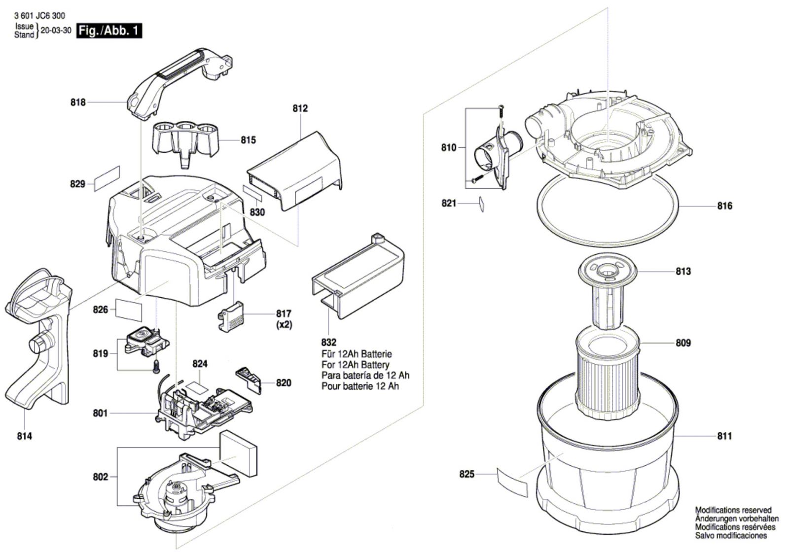 Bosch 3 601 Jc6 300 Gas 18v-10l Battery Vacuum Cleaner Spare Parts ...