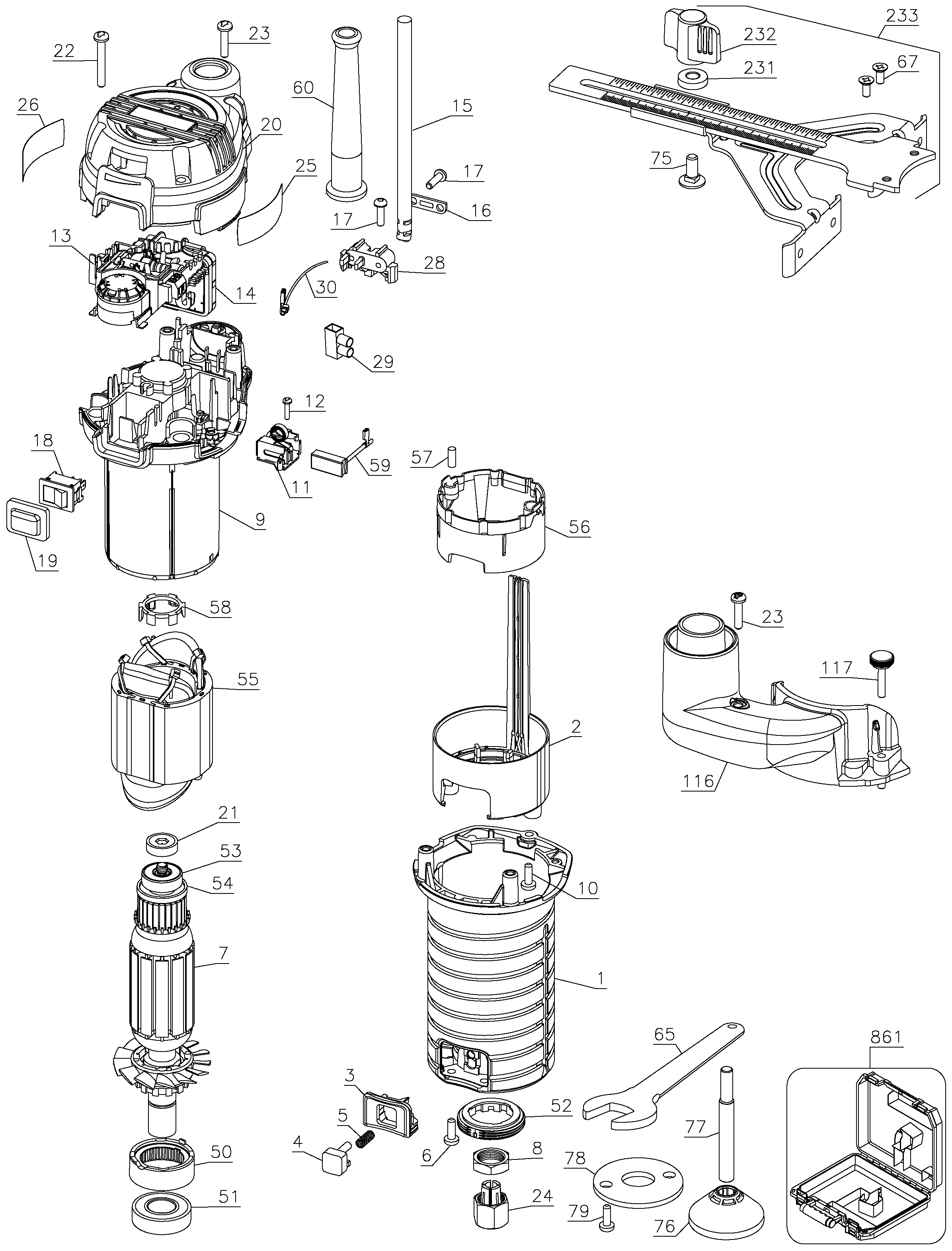 Dewalt D26200 110 Volt 1/4" Fixed Base Router Spare Parts SPARE_D26200 ...